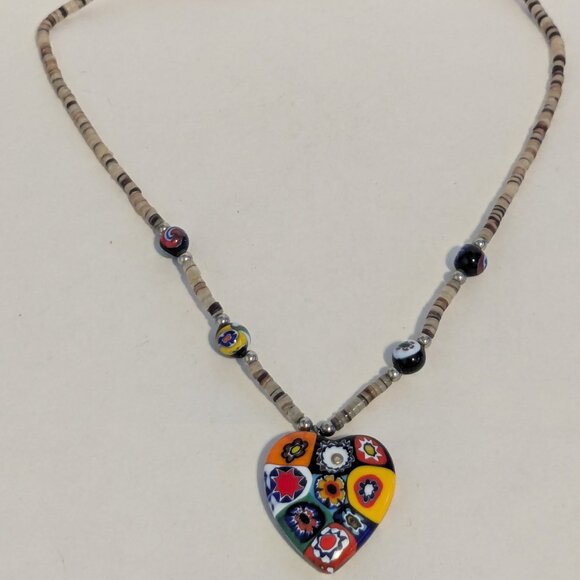 Unknown | Jewelry | Millefiori Glass Heart Puka Beaded Shell Barrel ...